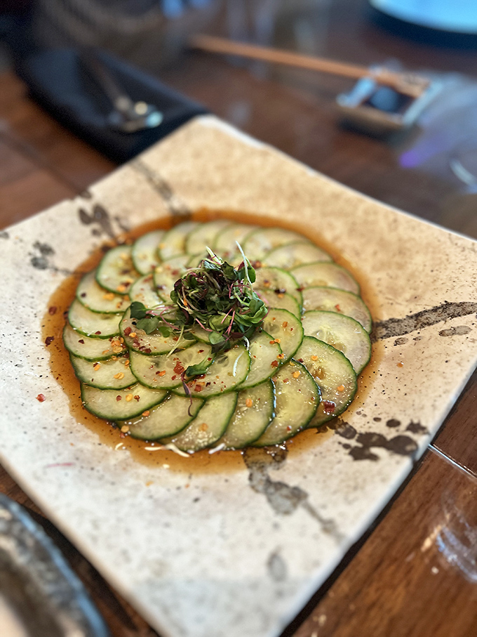 Paper-thin cucumber slices swimming in a vibrant sauce&mdash;proof that vegetables can be just as seductive as their protein counterparts.