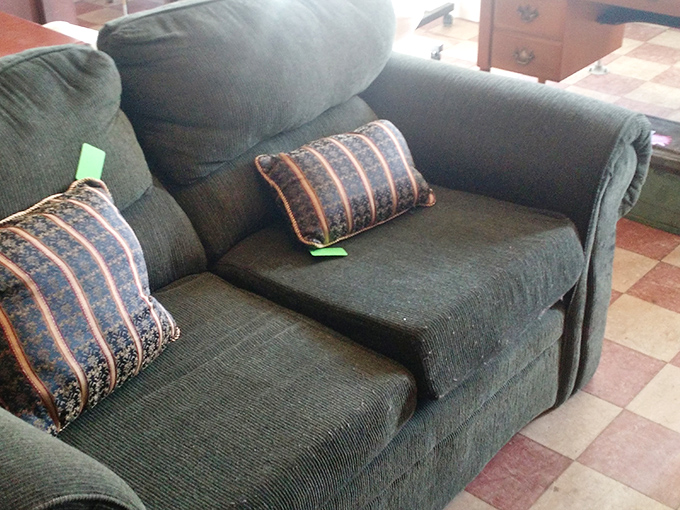 This forest-green sofa with coordinating pillows isn't just comfortable &ndash; it's the kind of couch that invites marathon sessions of classic TV reruns.