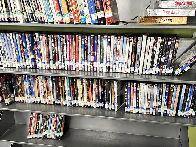The DVD section—a physical Netflix from the recent past. Spot those complete series of The Sopranos waiting for their next binge-watcher.