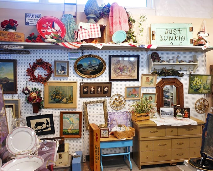 Wall-to-wall whimsy that transforms "Just Junkin'" into serious decorating inspiration. That blue chair could be the statement piece your living room needs!