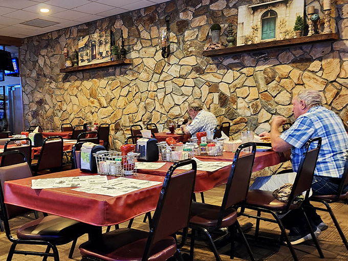 The stone wall backdrop creates a rustic charm that makes every meal feel like a mini-getaway. Comfort with character.