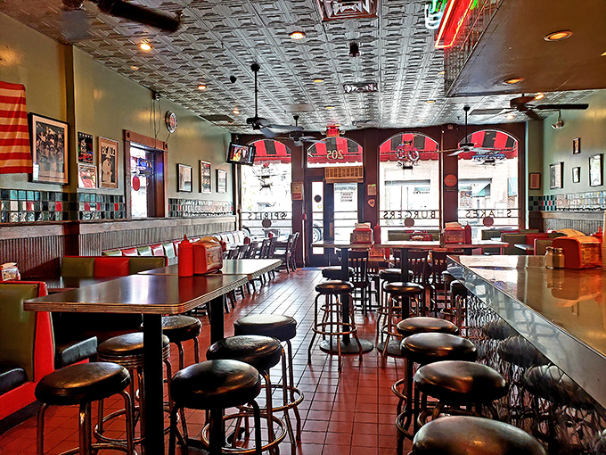 Bar seating with a view of Beale Street &ndash; where you can people-watch while your arteries contemplate what just happened to them.