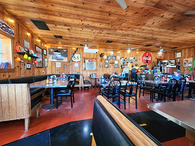 Vintage signs and Route 66 memorabilia create a dining room that's basically a time machine powered by excellent breakfast food.