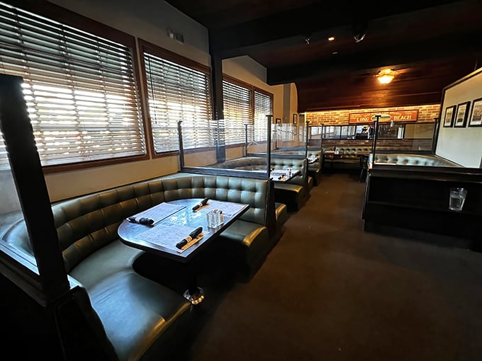 Comfortable booth seating with just the right lighting &ndash; not so bright you need sunglasses, not so dim you need a flashlight.