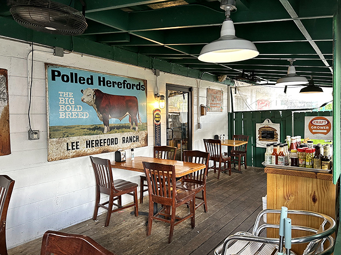 The dining area's green ceiling and cattle ranch memorabilia create an atmosphere that's part farmhouse, part Florida history lesson, and completely charming.