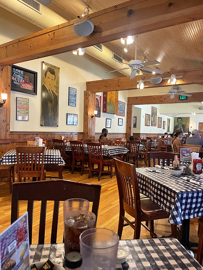 Wooden beams, checkered tablecloths, and country music memorabilia&mdash;dining rooms don't get more Nashville than this.