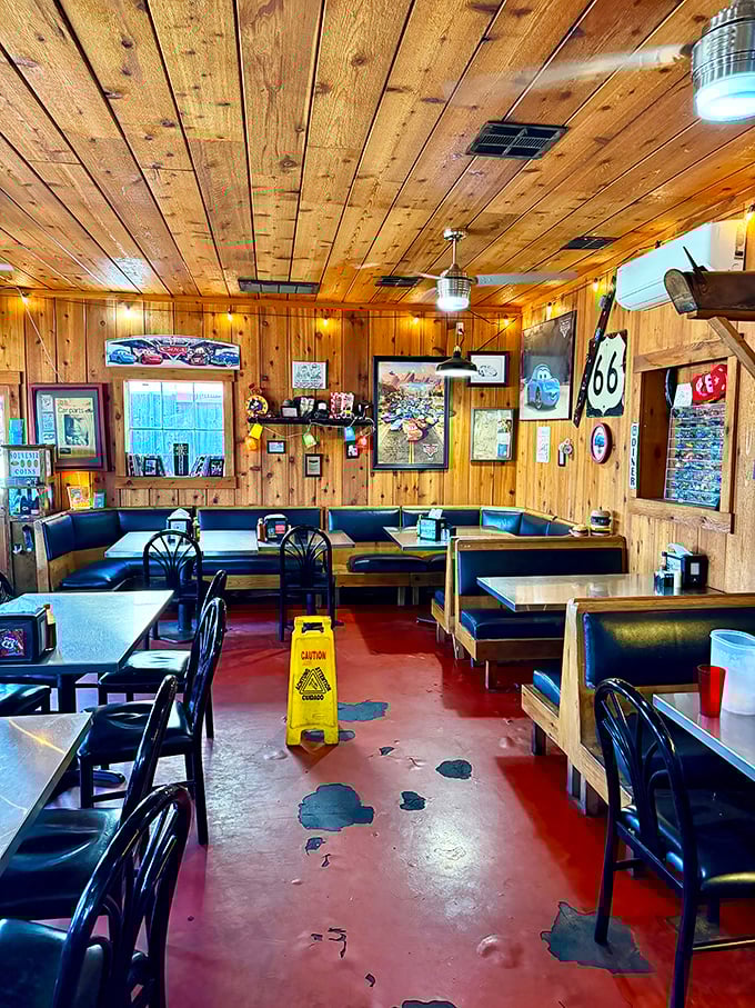 Red floors and wooden booths create the classic diner atmosphere where calories don't count and conversations flow as freely as the coffee.