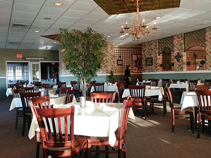 Dining room ambiance that strikes the perfect balance between "special occasion" and "come as you are." Those wooden chairs have heard countless stories.
