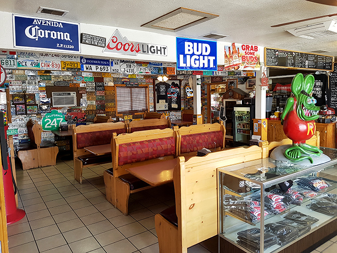 License plates on the walls tell you people come from everywhere, wooden booths tell you they stay awhile. Cafe 247's dining room is a traveler's sanctuary.