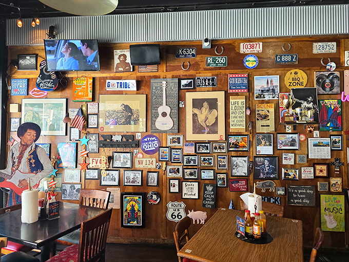 Walls covered in eclectic treasures make every meal feel like dining in someone's really cool rec room.