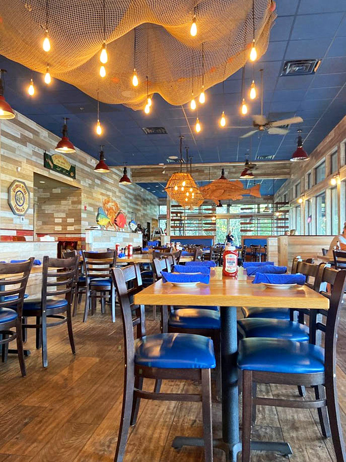 The dining room feels like the world's coziest ship's cabin, if ships had exceptional lighting and comfortable chairs.