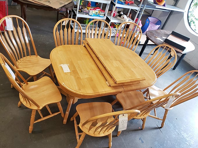 This oak dining set has hosted countless family dinners and is ready for yours. Those Windsor chairs have heard many stories—and they're waiting to hear yours.