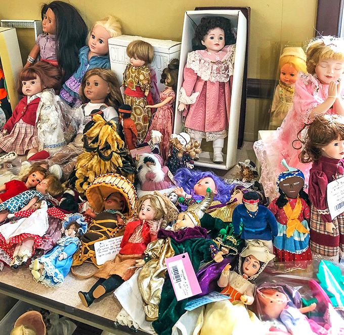 Doll collectors, brace yourselves! This eclectic gathering of porcelain, plastic, and cloth companions spans generations of childhood memories.
