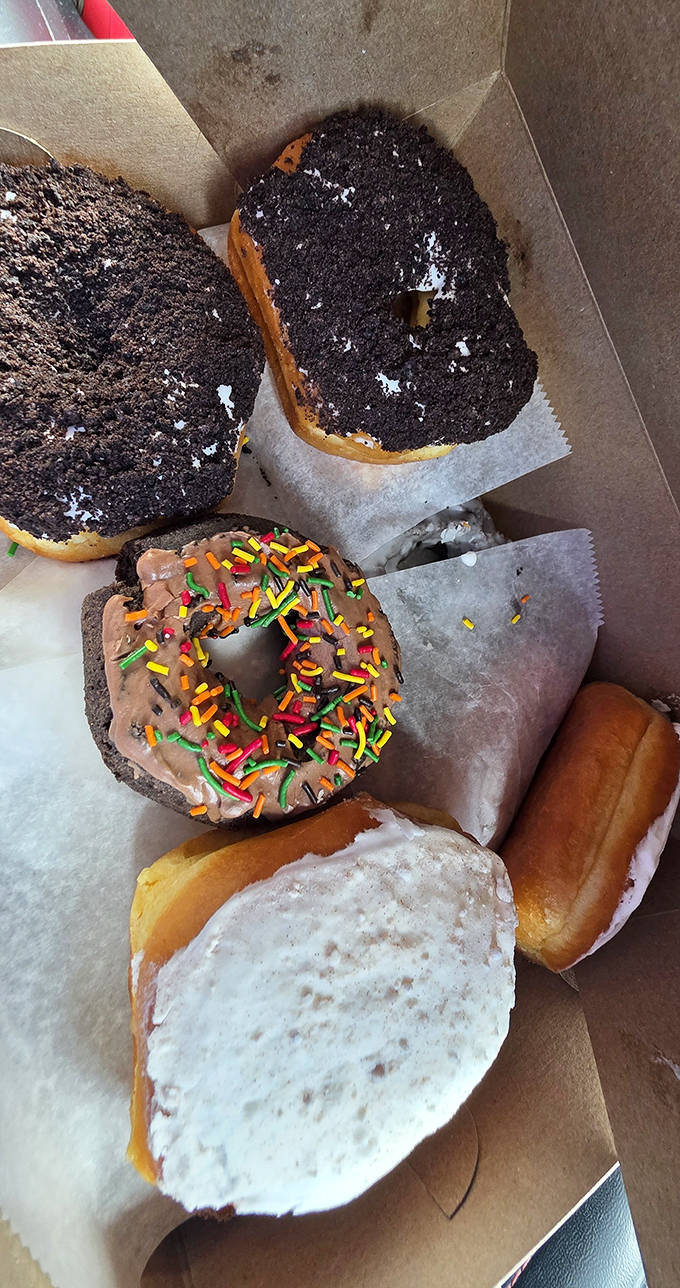 A box of donuts that makes Homer Simpson look like an amateur. The chocolate-frosted with sprinkles practically winks at you.