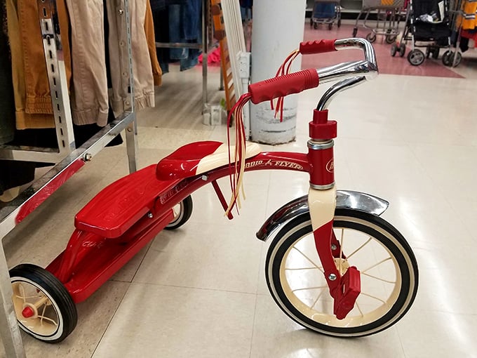 A vintage Radio Flyer tricycle stands ready for its next adventure. Some childhood classics never go out of style&mdash;this one's just waiting for fresh knees and new sidewalks.