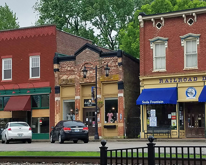 The Railroad Drug & Old Time Soda Fountain's blue awning signals a step back in time. Where else can you get both aspirin and an authentic phosphate in one stop?