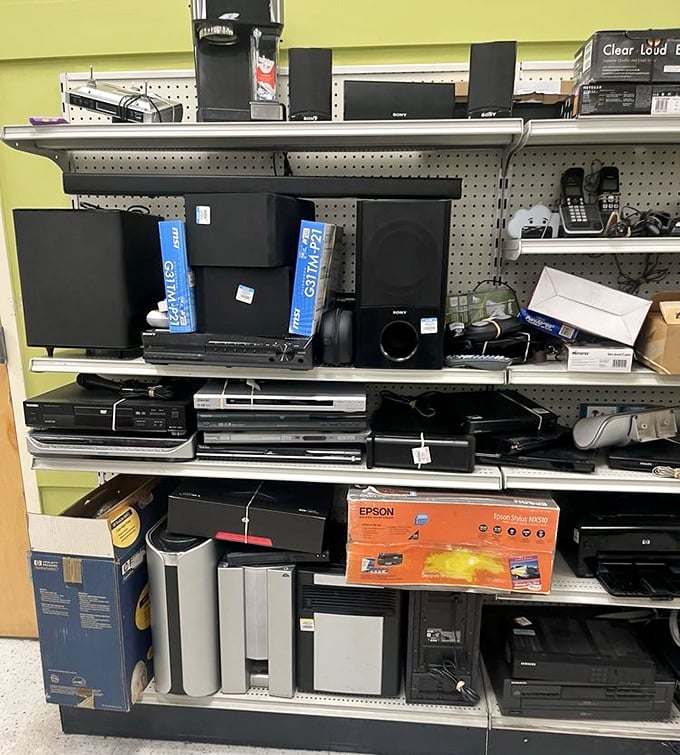 The electronics section: where yesterday's technology finds tomorrow's purpose, from sound systems to printers seeking second-act careers.