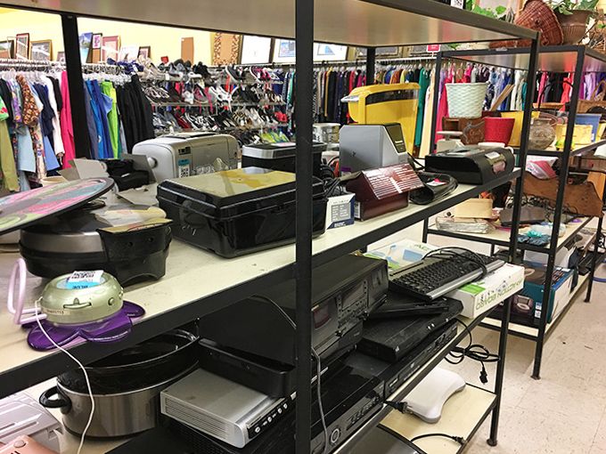 The electronics section: a time capsule of technological evolution where yesterday's cutting-edge gadgets await nostalgic new owners.