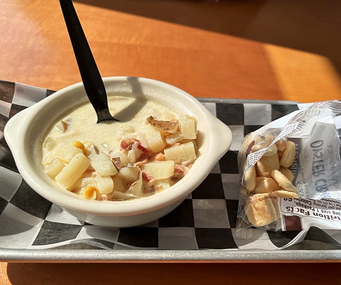 New England chowder served the right way: creamy, chunky, and substantial enough to make you forget it's technically just soup.