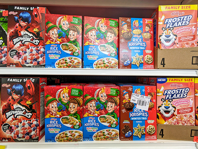 Breakfast cereal paradise where cartoon mascots gather like a Saturday morning convention. Family-sized boxes mean fewer grocery store trips.