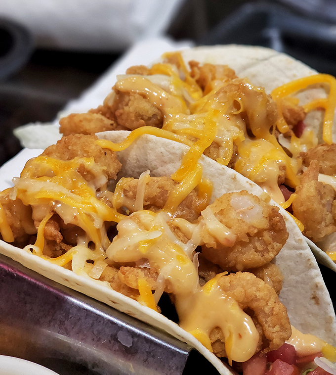 Seafood tacos that prove Blackbeard's doesn't just excel at barbecue – these cheese-draped treasures would make even a pirate share his bounty.