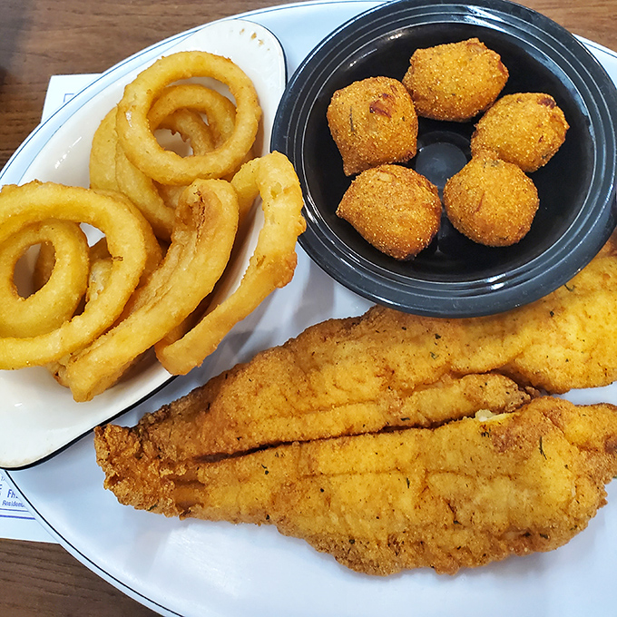 Fried fish and onion rings that make you wonder why anyone would eat anything else. The perfect golden ratio of crisp to tender.