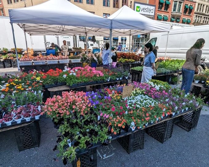 Fresh flower vendors transform the market into Manhattan's most fragrant outdoor garden party experience.