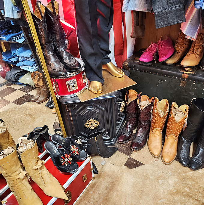 Cowboy boots stand at attention next to delicate heels&mdash;a footwear family reunion spanning decades of American fashion history.