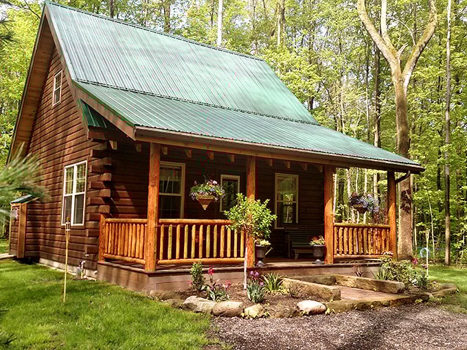 Forever Spring Cabin nestles among the trees with its welcoming porch, looking exactly like the getaway retreat your overworked brain has been sketching during boring Zoom meetings all year long.
