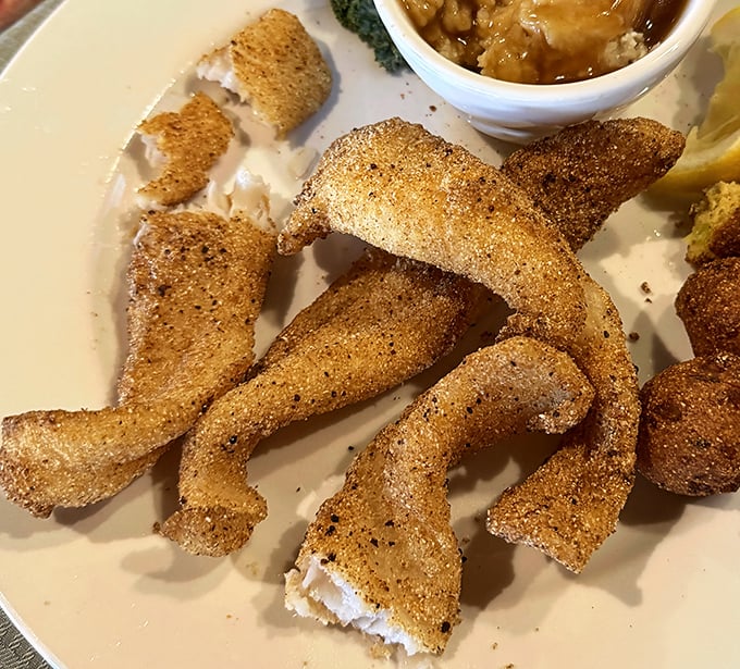 Cornmeal-crusted catfish strips, golden and crispy on the outside, tender and flaky within. Southern comfort food that makes you feel right at home.