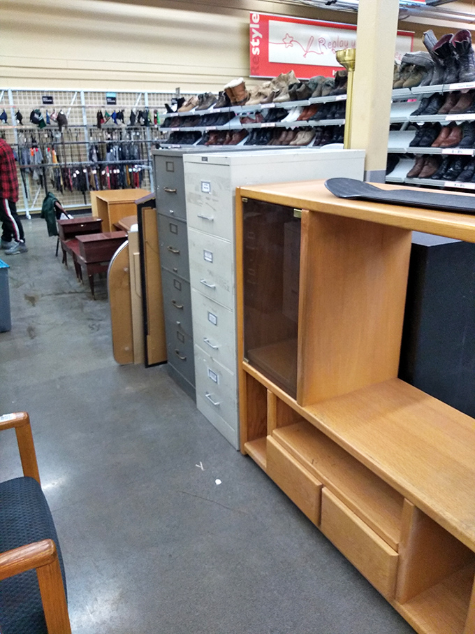 Office furniture with potential! That filing cabinet has weathered more workplace drama than any reality TV show, and it's ready for a second career.