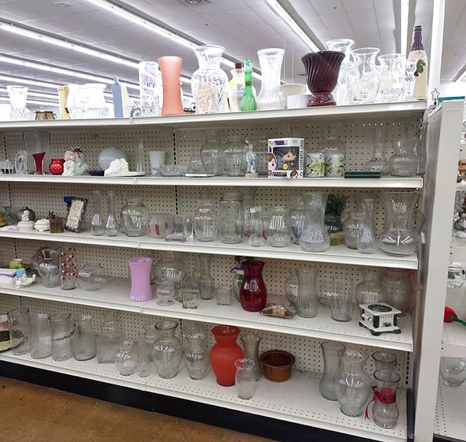 Crystal vases and colored glass catch the fluorescent light like an affordable jewelry counter for your dining table. Instant elegance awaits.