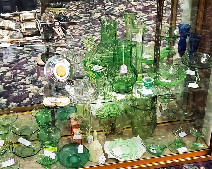 Depression-era green glass catches light like liquid emeralds. Your grandmother would approve of you rescuing these pieces from obscurity.
