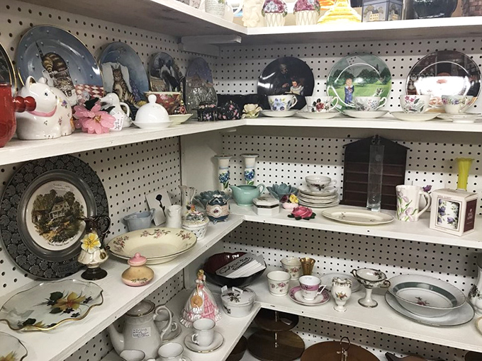 Grandma's china cabinet exploded across these shelves. That teacup set has hosted imaginary royal visits and real family gatherings for generations.