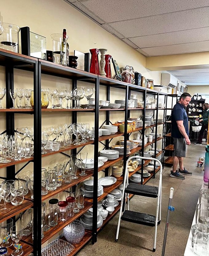 Glassware heaven stretches as far as the eye can see. One person's "we got too many wedding gifts" is another's complete dining collection.