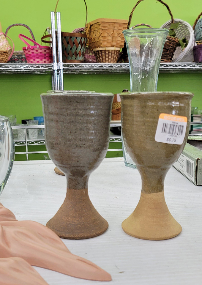 Handcrafted pottery goblets priced at $0.75 each&mdash;because sometimes your wine just tastes better when sipped from someone else's artistic past.