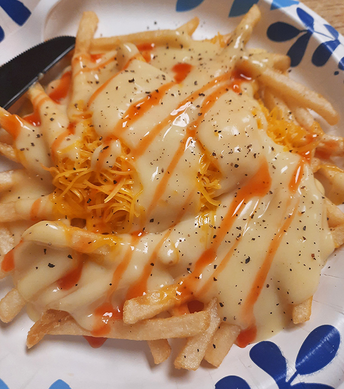 Cheese fries with hot sauce drizzle—the late-night indulgence that tastes even better at noon. Comfort food that doesn't apologize for being exactly what it is.