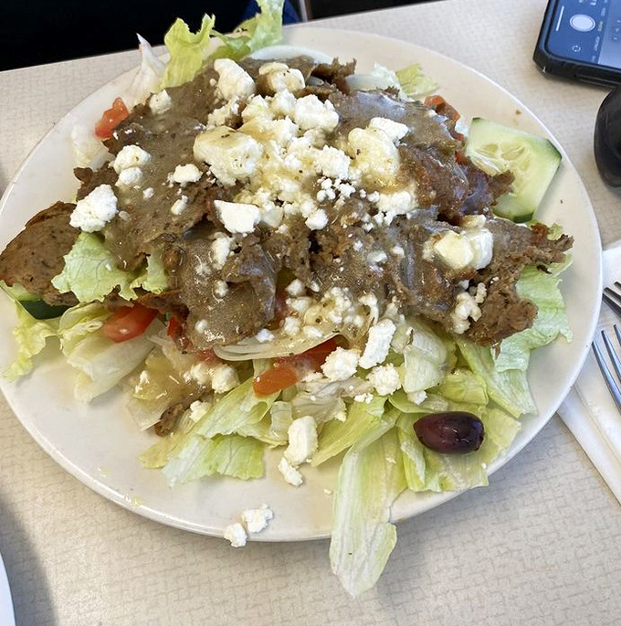 A Greek salad that actually tastes like Greece&mdash;crisp vegetables, briny olives, and feta cheese crumbles that don't come from a plastic tub.
