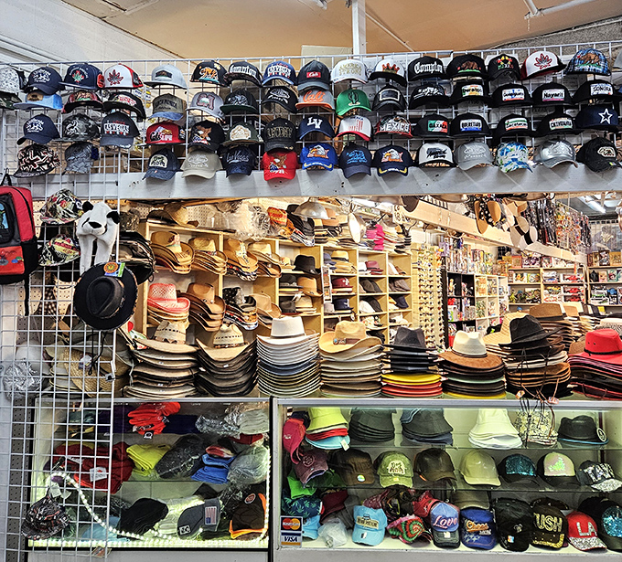 Hat nirvana! From cowboy classics to sports team loyalty, your head's perfect match waits somewhere in this impressive wall of personality toppers. 