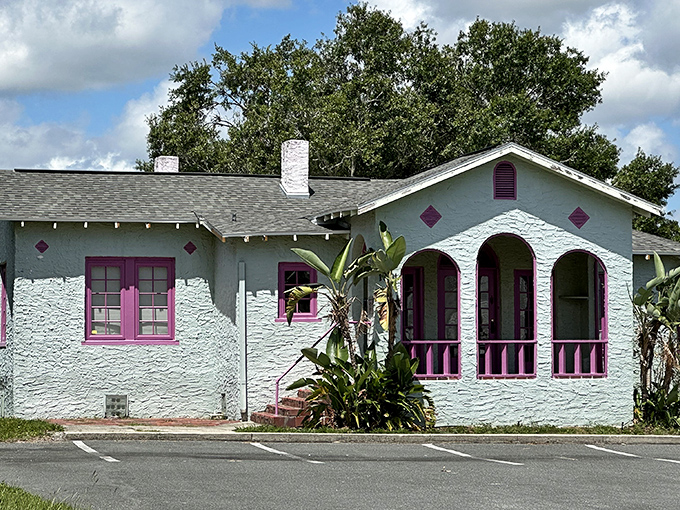 Sebring's architectural charm extends to colorful gems like this mint-green cottage with playful pink accents. Florida retirement living with personality to spare.