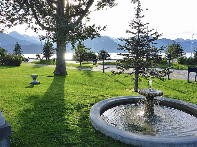 A simple fountain in the park becomes magical when framed by mountains and bay &ndash; Seward's version of meditation in motion.