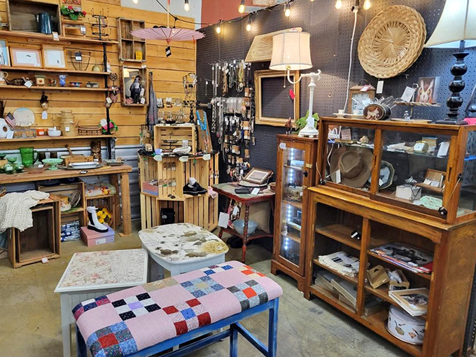 A cozy corner filled with vintage furniture and handcrafted items that whisper, "Your home could look this interesting too."