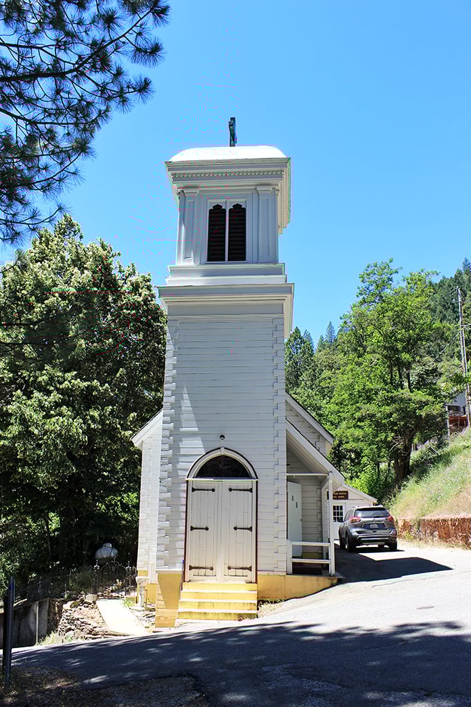 This pristine white church tower reaches skyward, a spiritual landmark that's witnessed generations of Downieville stories since Gold Rush days.