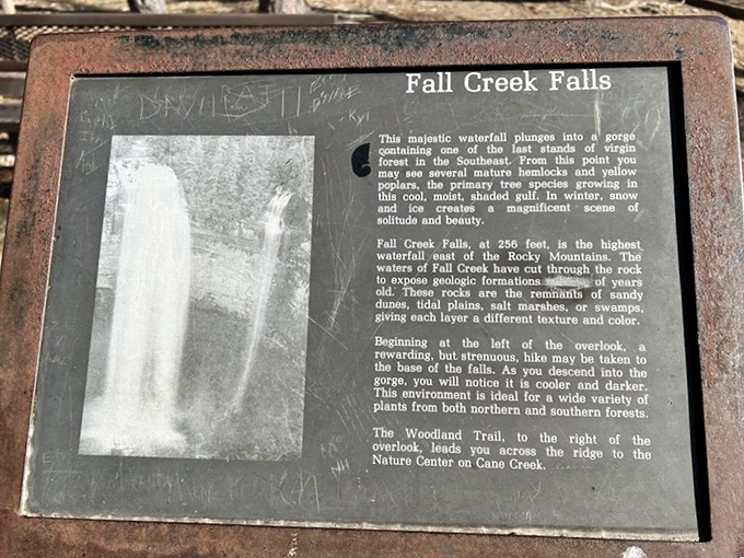 History etched in stone. This weathered sign reveals the geological drama behind Fall Creek Falls' formation&mdash;nature's patient masterpiece millions of years in the making.