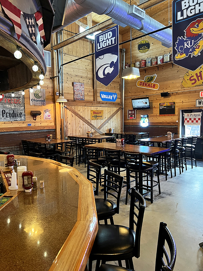 Sports memorabilia and rustic wood paneling create the perfect backdrop for stories shared over plates of fried goodness.