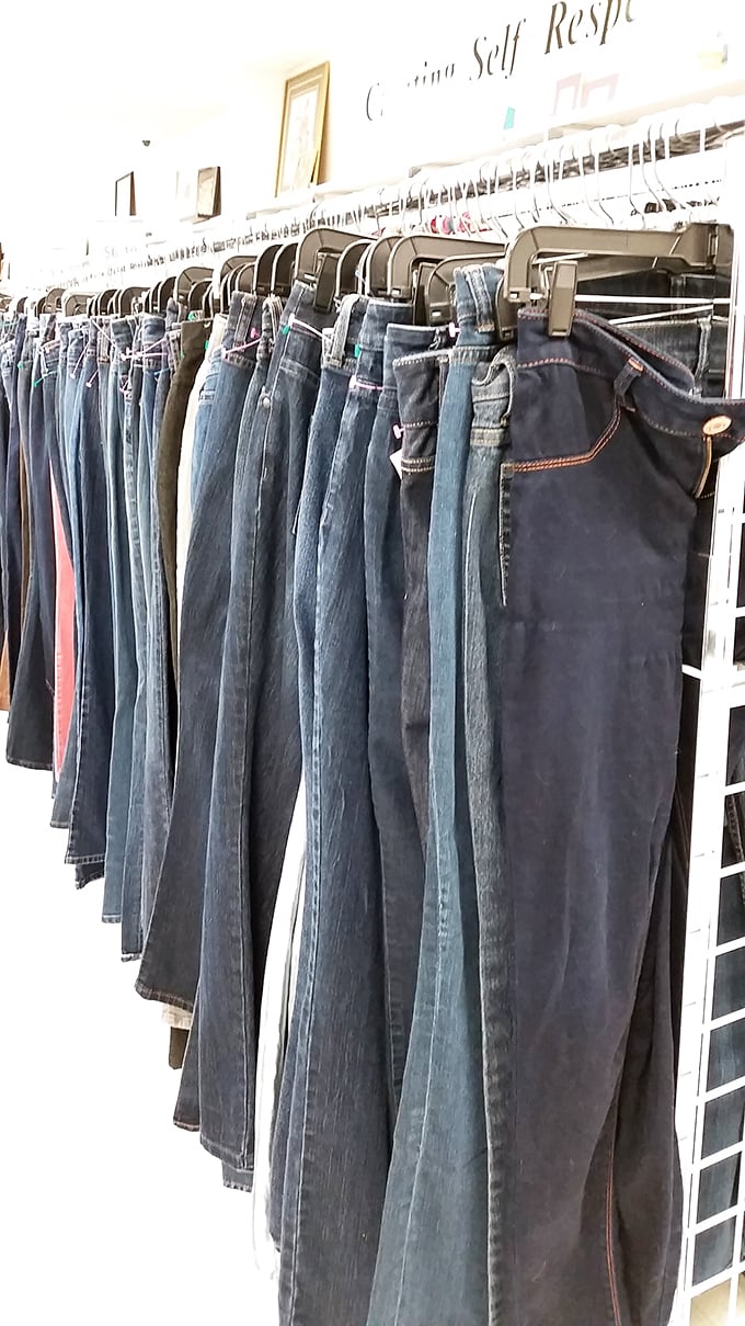 The denim wall&mdash;a textile timeline of America's love affair with blue jeans. From dad jeans to skinny and back again.