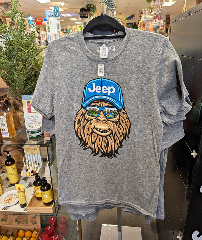 The Sasquatch-in-a-Jeep-hat shirt: because sometimes your vacation wardrobe needs that perfect conversation starter that screams "I'm fun at cookouts."
