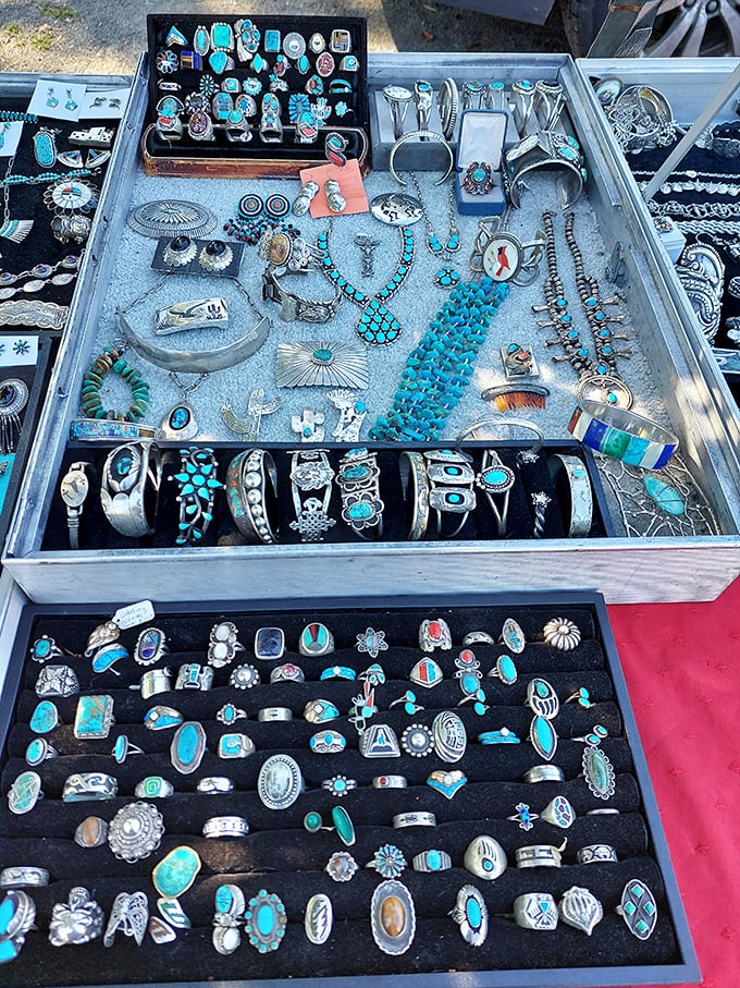 Turquoise and silver treasures await new wrists and fingers—southwestern style finding its way to New England necks and earlobes.