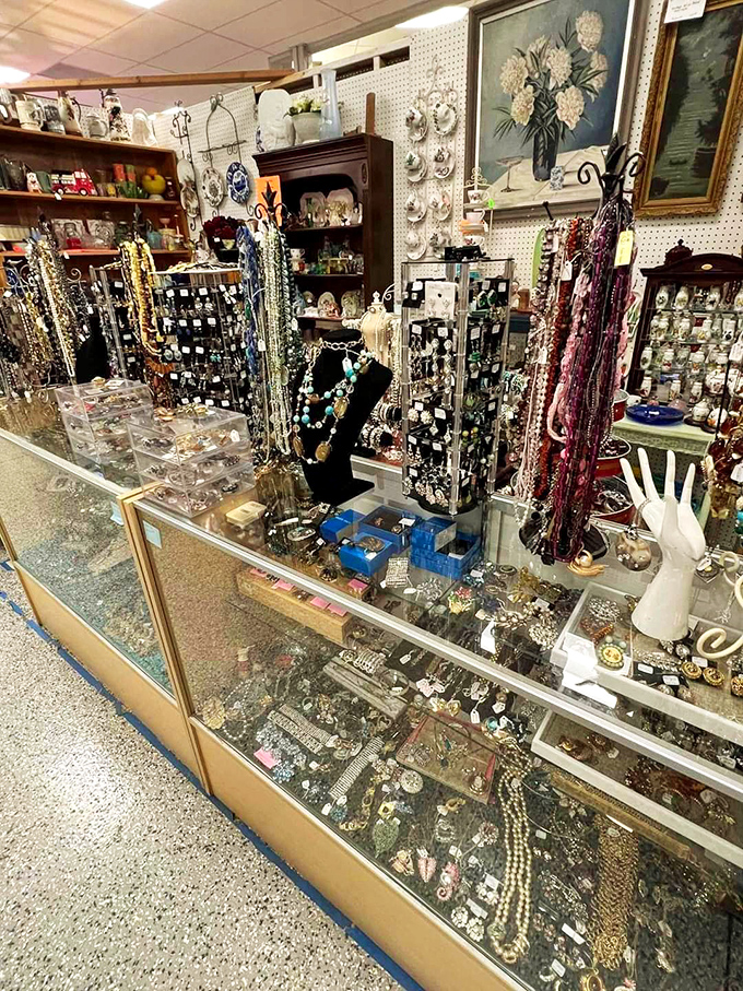 Jewelry displays that would make Elizabeth Taylor pause mid-sentence. Yesterday's accessories waiting for tomorrow's outfit to complete.