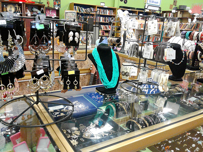 The jewelry counter sparkles with potential statement pieces. That turquoise necklace is practically screaming "vacation outfit upgrade."